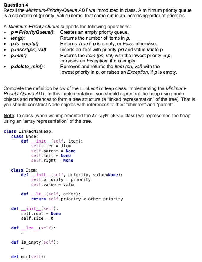 Solved Question 4 Recall the Minimum-Priority-Queue ADT we | Chegg.com
