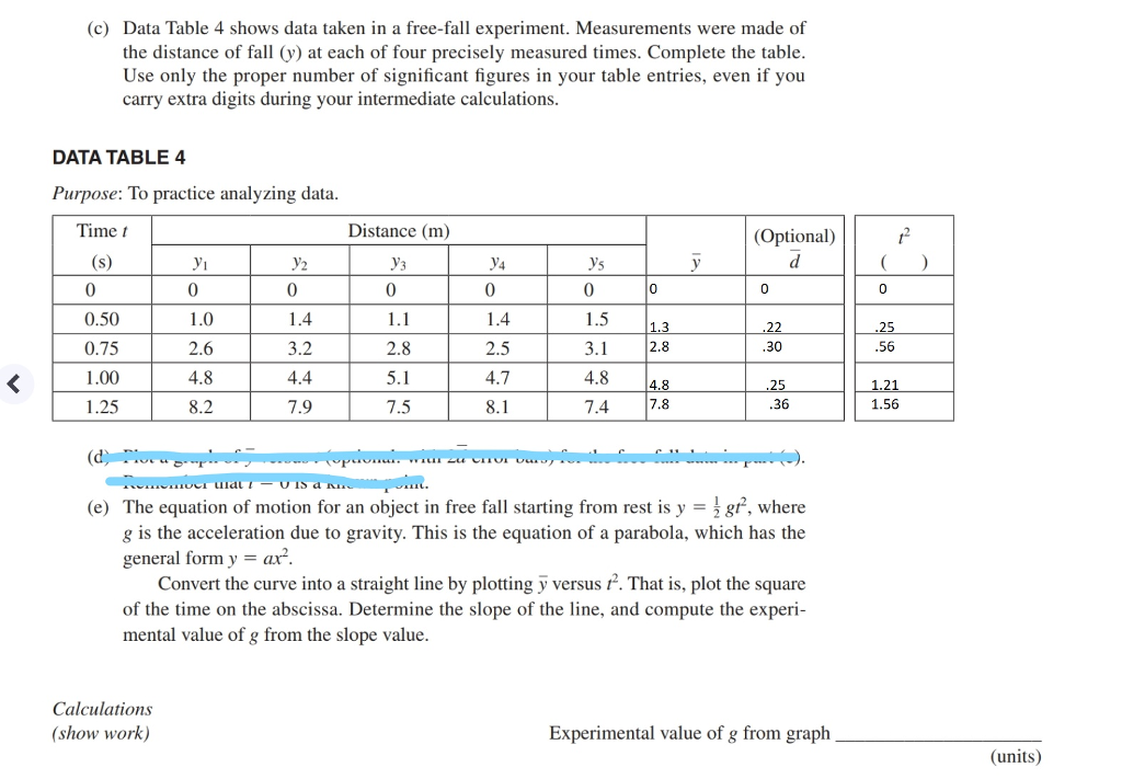 Solved (c) Data Table 4 shows data taken in a free-fall | Chegg.com