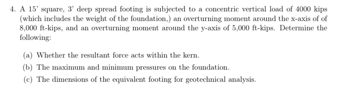 Solved 4. A 15' square, 3' deep spread footing is subjected | Chegg.com