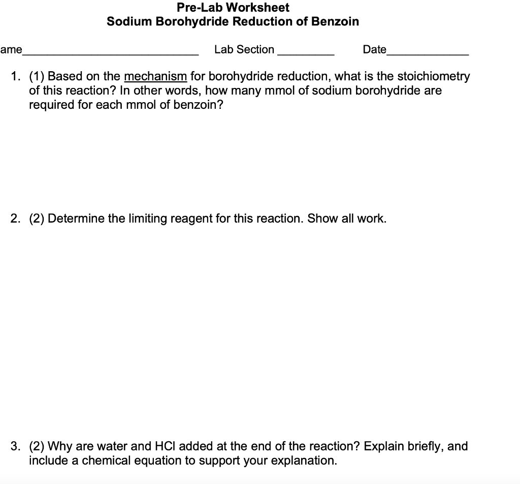 Solved Pre-Lab Worksheet Sodium Borohydride Reduction of | Chegg.com