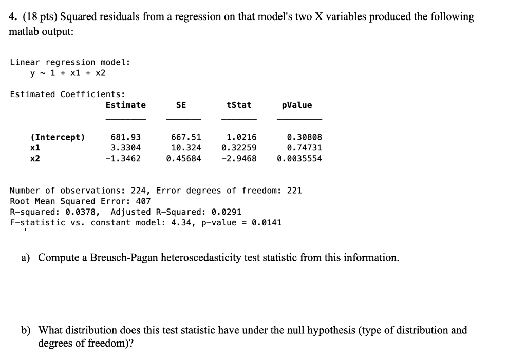 4. (18 pts) Squared residuals from a regression on | Chegg.com
