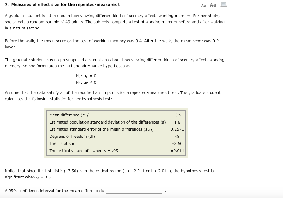Solved 7. Measures of effect size for the repeated-measures | Chegg.com