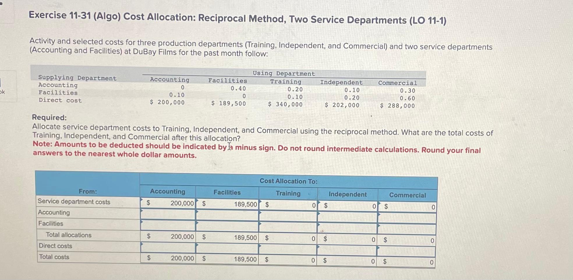 Solved Exercise 11-31 (Algo) Cost Allocation: Reciprocal | Chegg.com