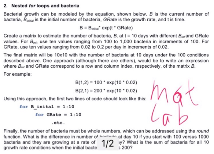Solved 2. Nested for loops and bacteria Bacterial growth can | Chegg.com