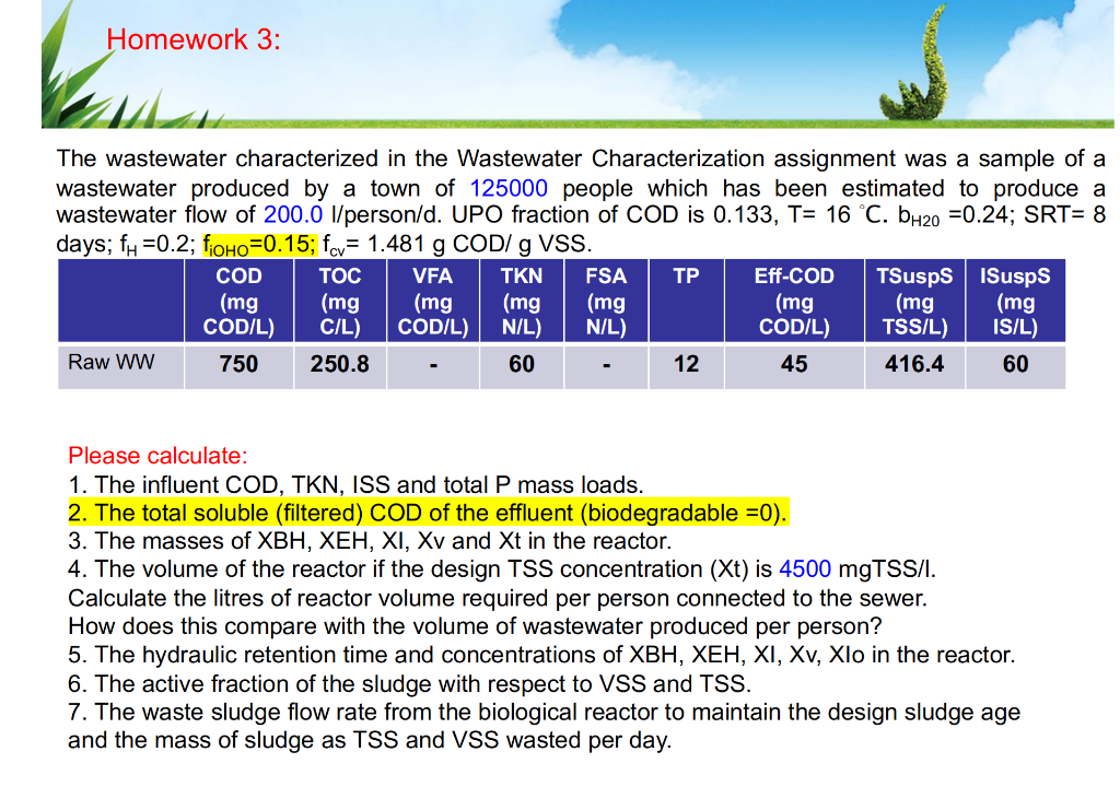 Solved Homework 3: The wastewater characterized in the | Chegg.com