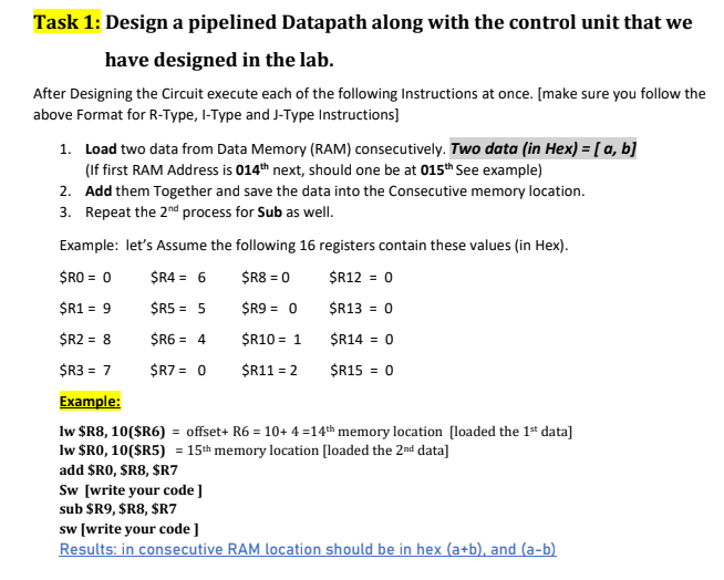 Task 1: Design a pipelined Datapath along with the | Chegg.com