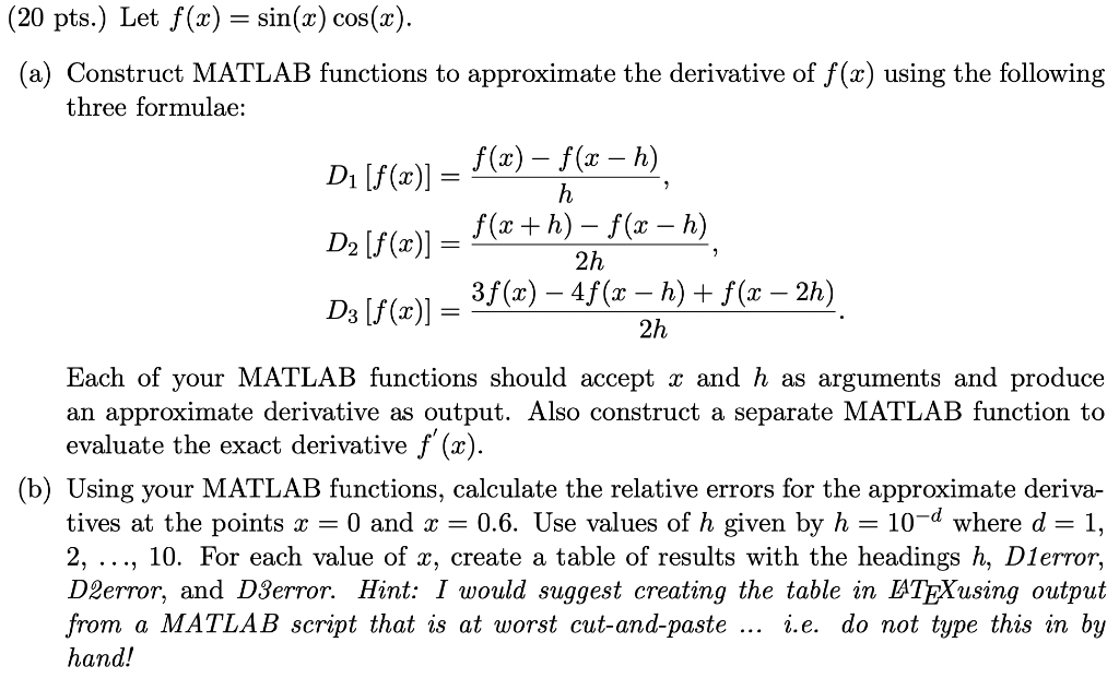 Solved 20 Pts Let Fxsinxcosx A Construct Matlab 2992