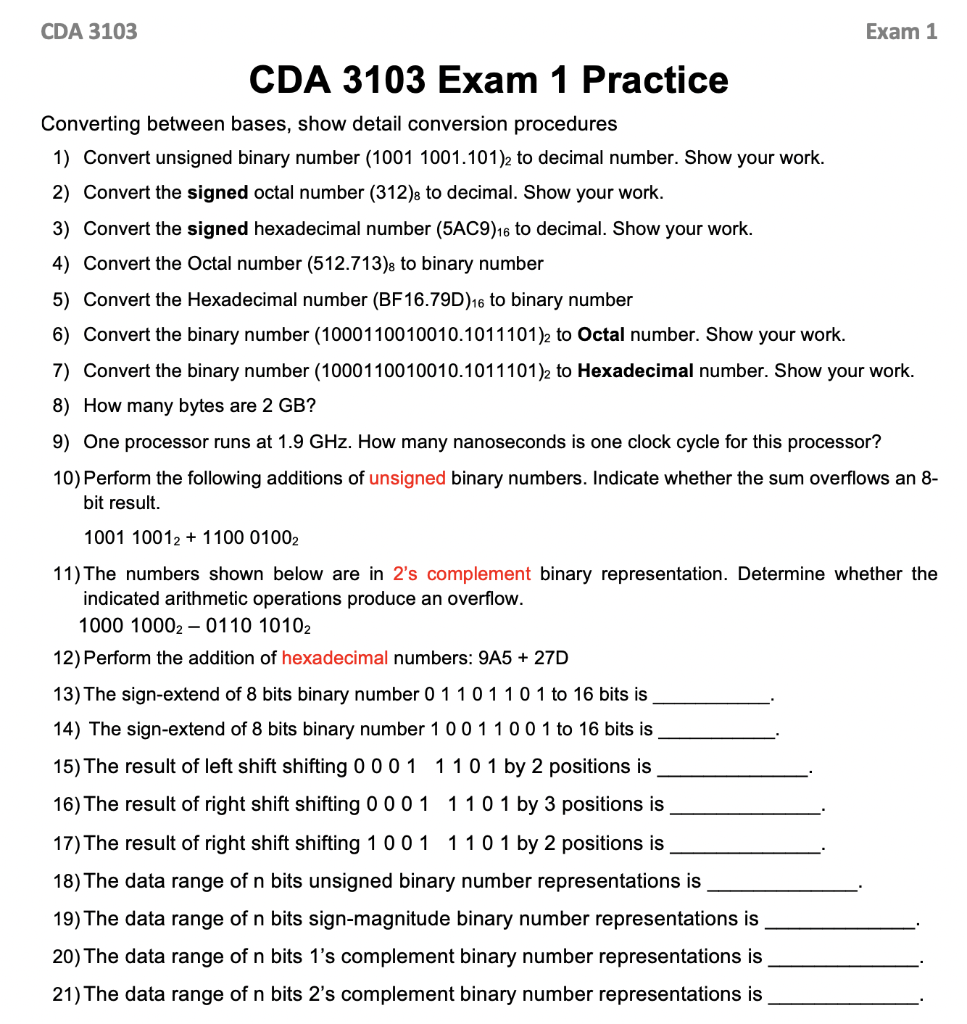 Solved CDA 3103 Exam 1 Practice Converting between bases, | Chegg.com