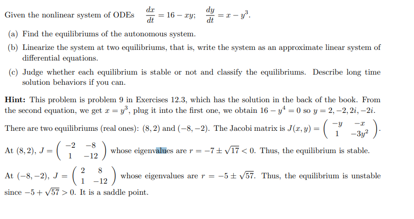 Solved Given the nonlinear system of ODEs | Chegg.com
