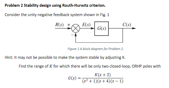 Solved Problem 2 ﻿Stability design using Routh-Hurwitz | Chegg.com