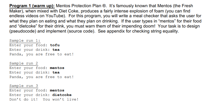 Solved Program 1 Warm Up Mentos Protection Plan Ⓡ Its