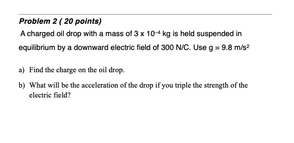 Solved Problem 2 ( 20 points) A charged oil drop with a mass | Chegg.com