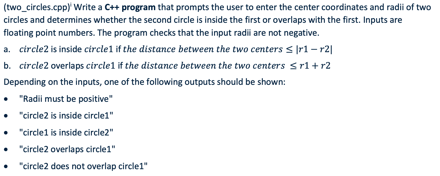 Solved (two_circles.cpp)' Write a C++ program that prompts | Chegg.com