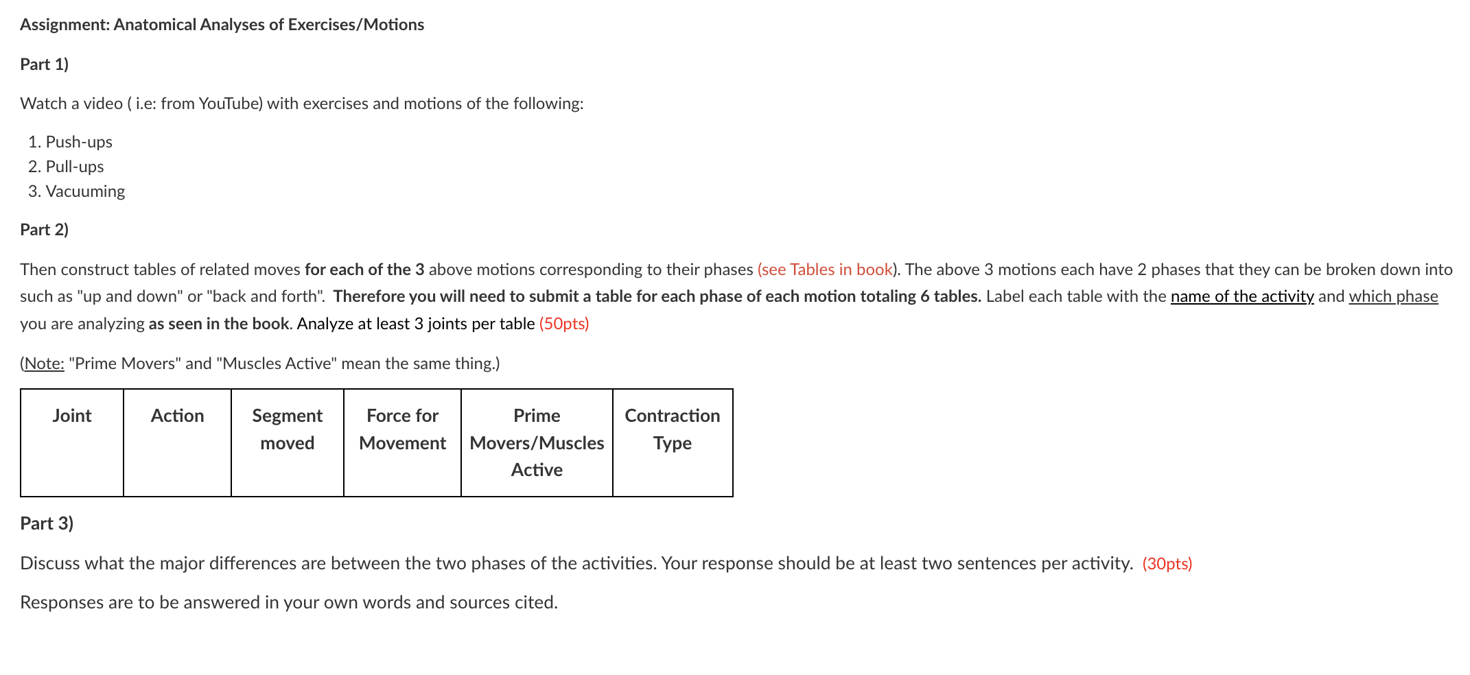 Solved Assignment: Anatomical Analyses of Exercises/Motions | Chegg.com