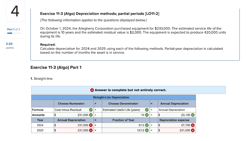 Exercise 11-3 (Algo) Depreciation methods; partial | Chegg.com