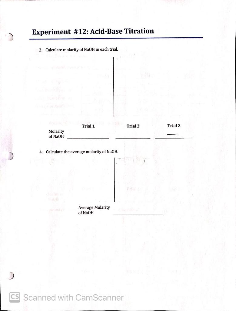 Solved Experiment #12: Acid-Base Titration NAME: Section: | Chegg.com