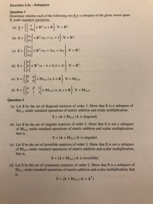 Solved Exercises 2.2a -Subspaces Question 1 Determine | Chegg.com
