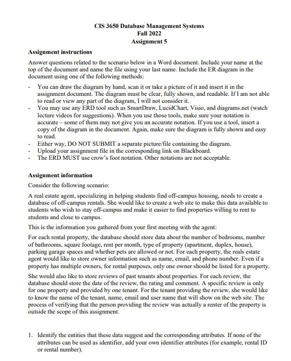 CIS 3650 Database Management Systems Fall 2022 | Chegg.com