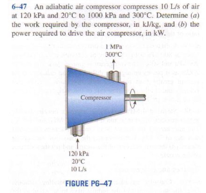 Solved 6-47 An adiabatic air compressor compresses 10 L/s of | Chegg.com