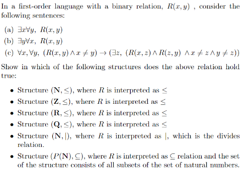 Solved In a first-order language with a binary relation, | Chegg.com
