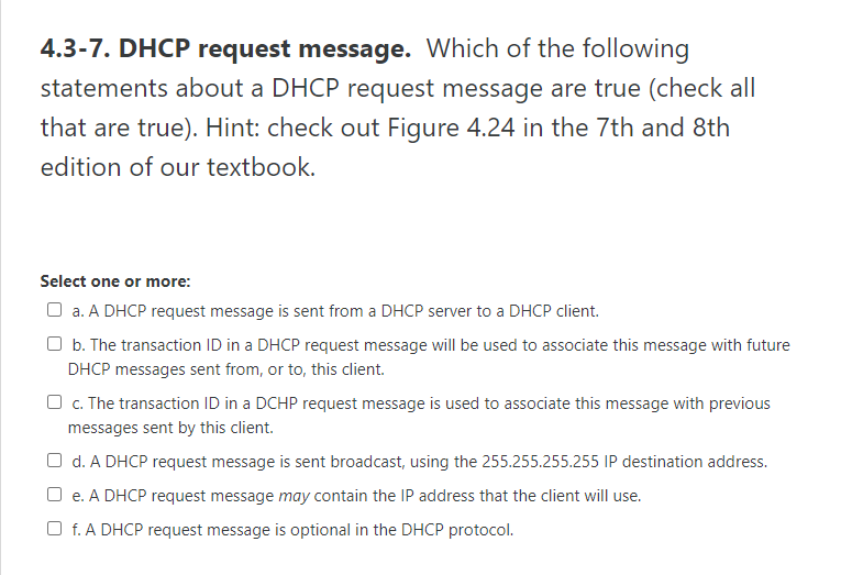 Solved 4.3-7. DHCP request message. Which of the following | Chegg.com