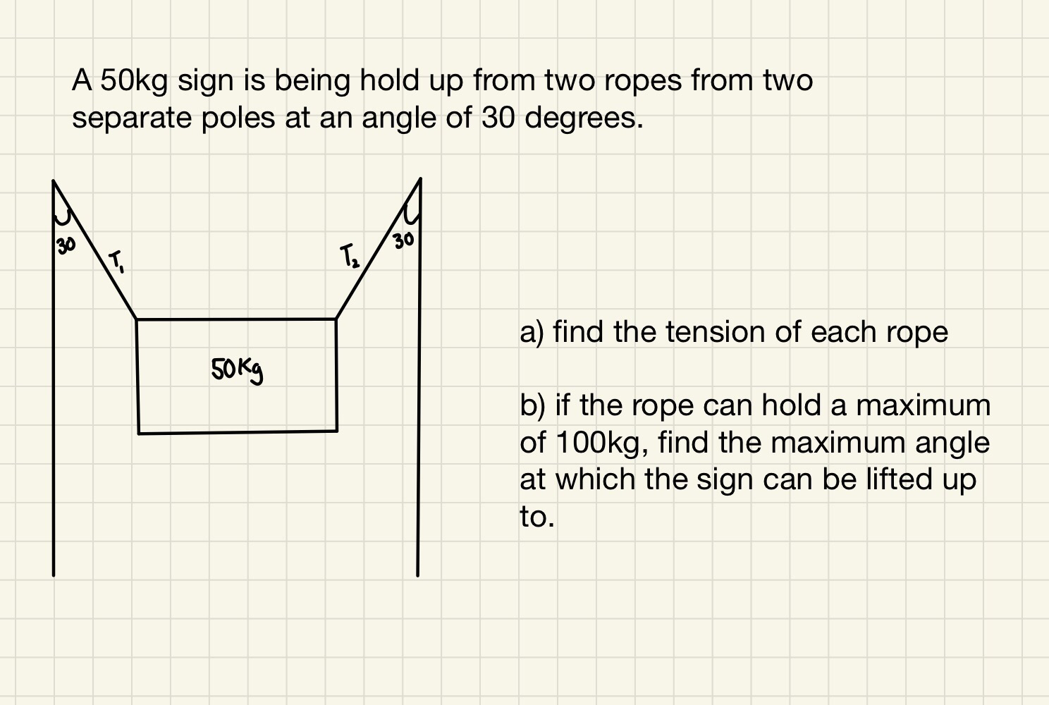 Solved A 50kg sign is being hold up from two ropes from two | Chegg.com