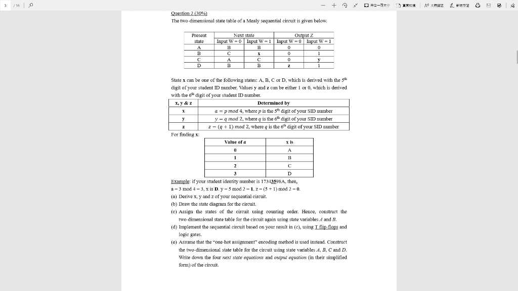 Question 2 (30%) The two-dimensional state table of a | Chegg.com
