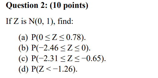 Solved Question 2: (10 points) If Z is N(0,1), find: (a) | Chegg.com