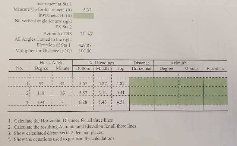 Solved Instrument at Sta 1 Measure Up for Instrument (ft) | Chegg.com
