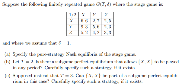Solved Suppose the following finitely repeated game GT,) | Chegg.com