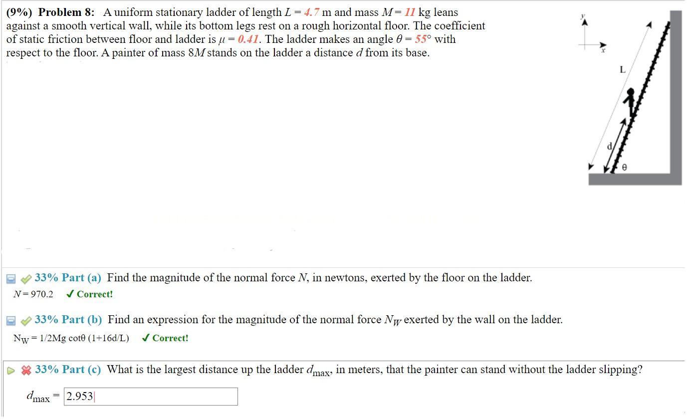 Solved (9%) Problem 8: A uniform stationary ladder of length | Chegg.com