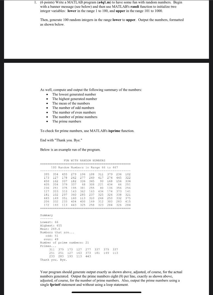 Solved 1. (6 points) Write a MATLAB program (a4q1.m) to have | Chegg.com