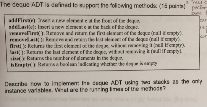 Solved The Deque Adt Is Defined To Support The Following 