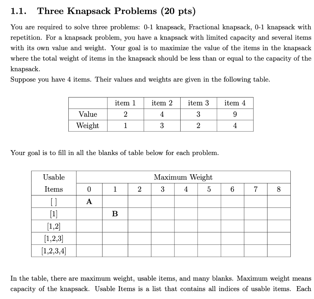 Solved 1.1. Three Knapsack Problems (20 pts) You are | Chegg.com