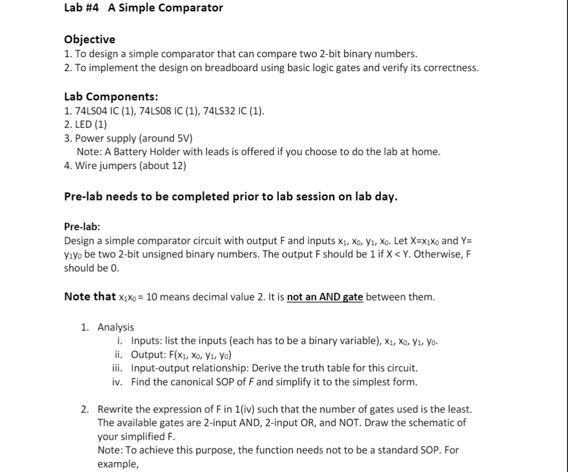 Solved Lab #4 A Simple Comparator Objective 1. To design a | Chegg.com
