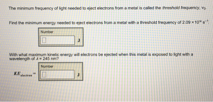 Solved The minimum frequency of light needed to eject | Chegg.com