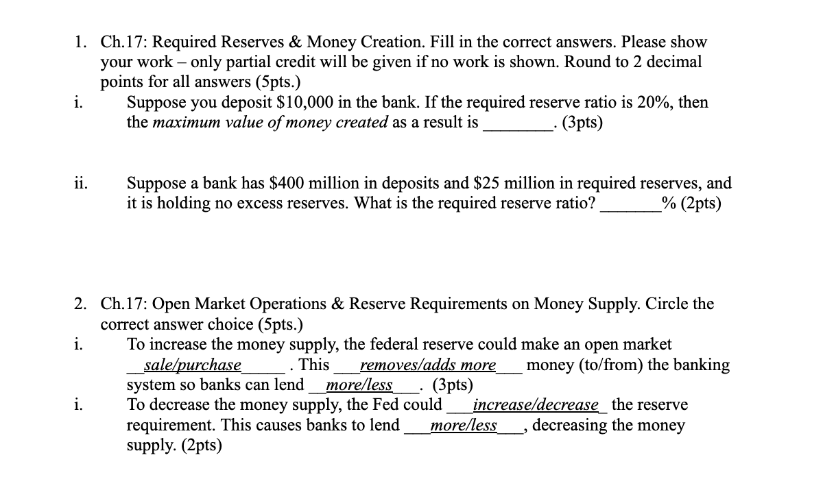 Solved Ch.17: Required Reserves & Money Creation. Fill in | Chegg.com