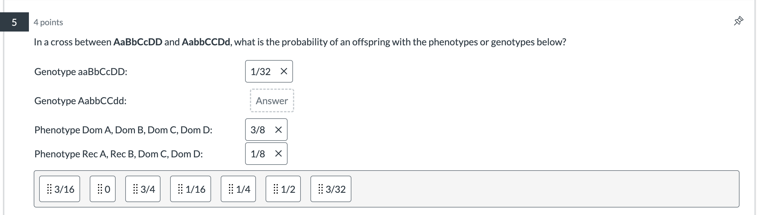 Solved 4 ﻿pointsIn a cross between AaBbCcDD and AabbCCDd, | Chegg.com