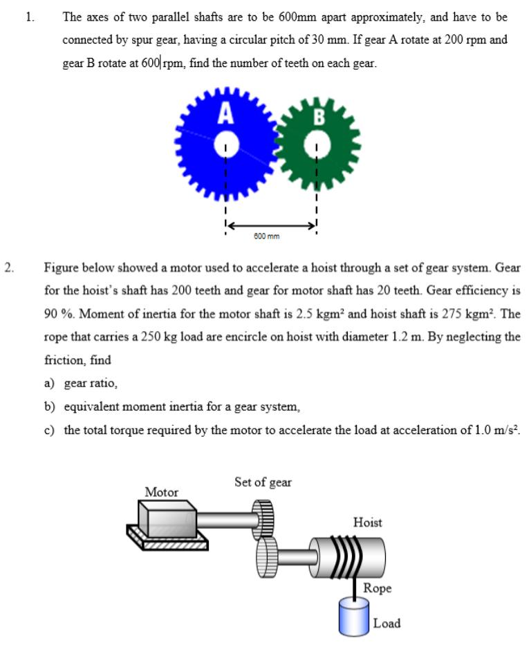 Solved 1. The axes of two parallel shafts are to be 600mm | Chegg.com