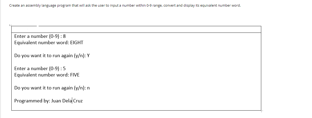 Solved Create an assembly language program that will ask the | Chegg.com