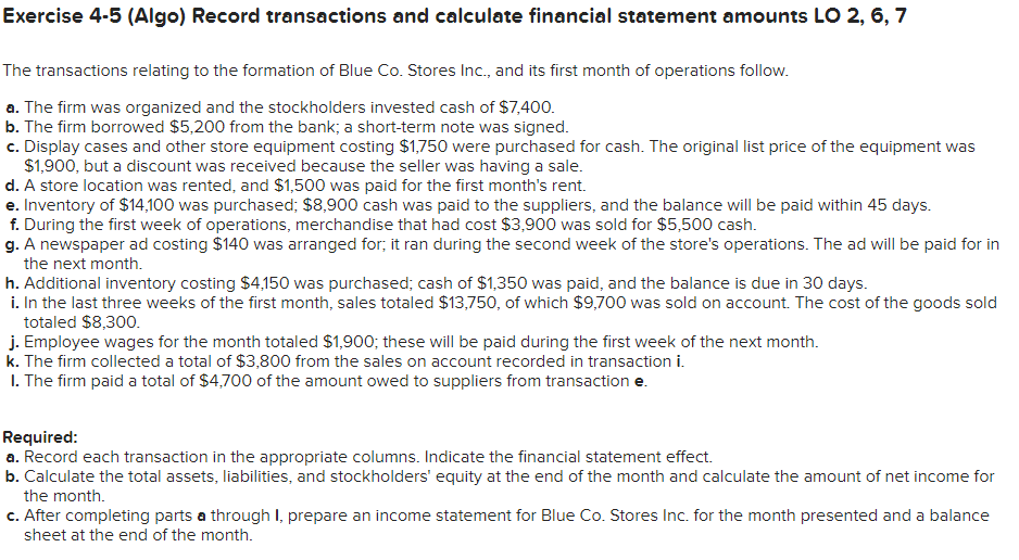 Solved Exercise 4-5 (Algo) Record transactions and calculate | Chegg.com
