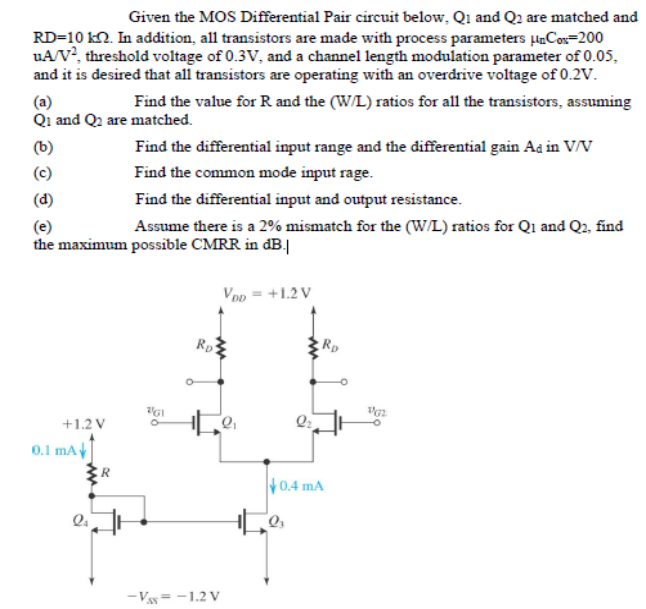 Solved Given the MOS Differential Pair circuit below, Q1 and | Chegg.com