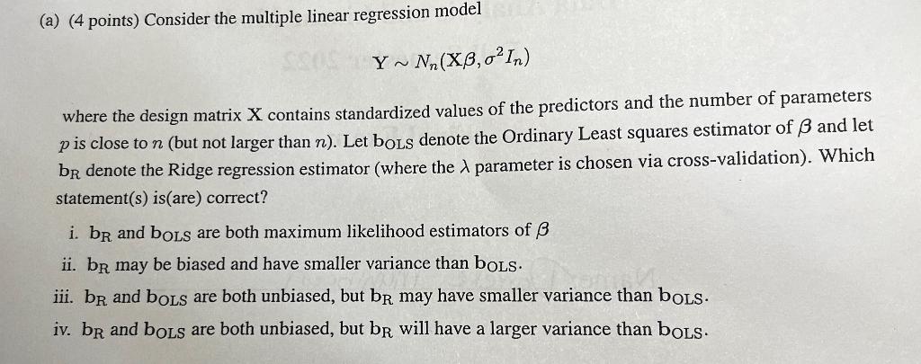Solved (a) (4 points) Consider the multiple linear | Chegg.com