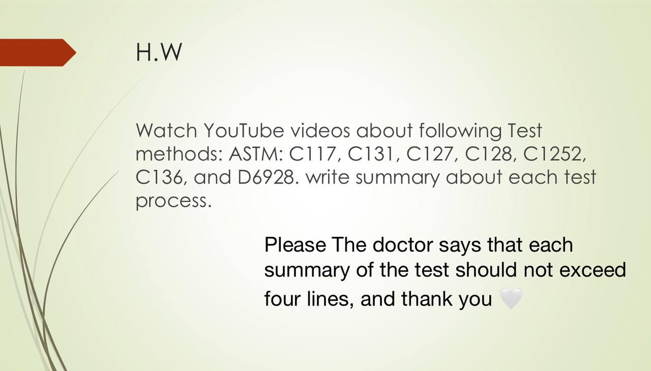 Solved H.W Watch YouTube videos about following Test | Chegg.com