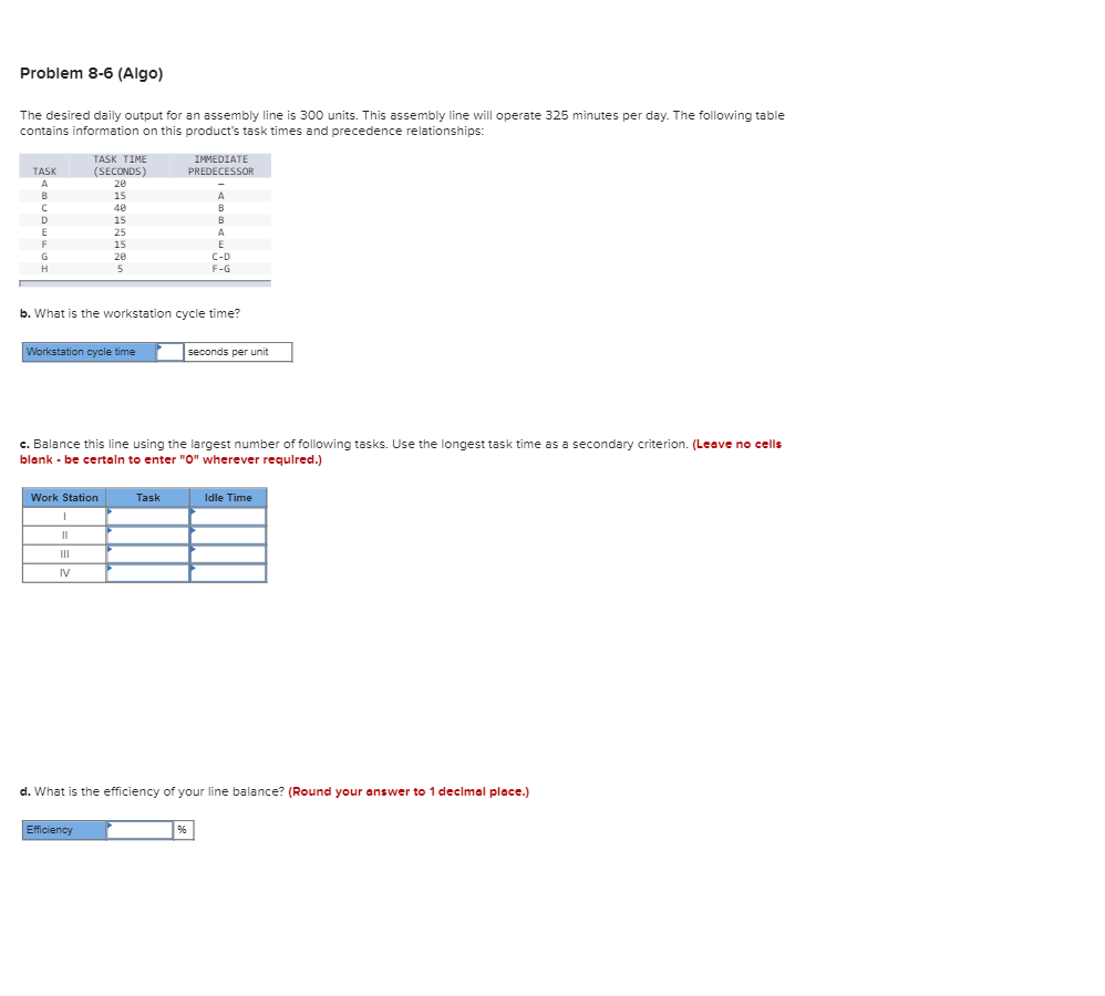 Problem 8-6 (Algo) The desired daily output for an | Chegg.com