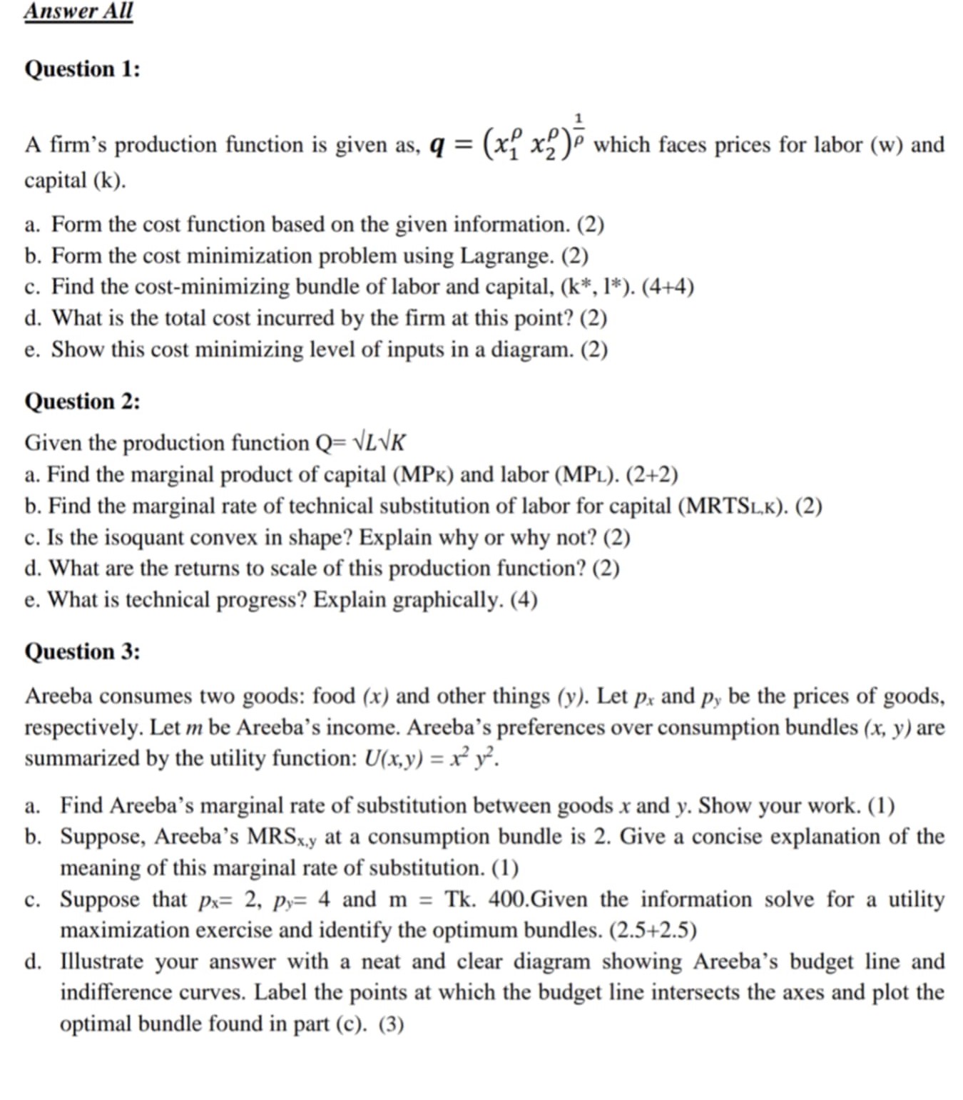 Solved Answer AllQuestion 1:A firm's production function is | Chegg.com