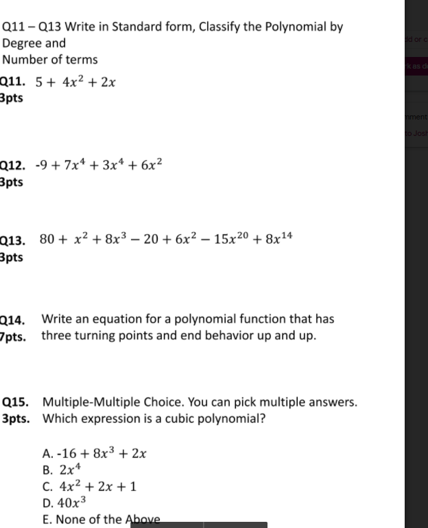 Solved d orc Q11 - Q13 Write in Standard form, Classify the | Chegg.com