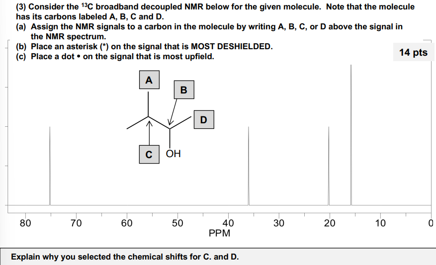 Solved (3) Consider the ^(13)C broadband decoupled NMR below | Chegg.com