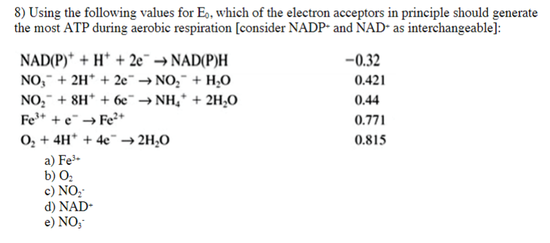 Solved 8) Using the following values for E0, which of the | Chegg.com