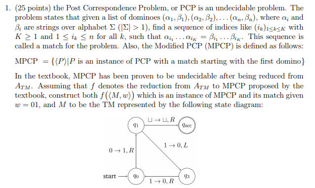 1. (25 points) the Post Correspondence Problem, or | Chegg.com
